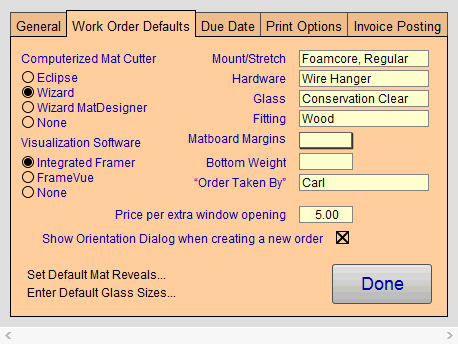 Set up Work Order Options - Defaults Tab