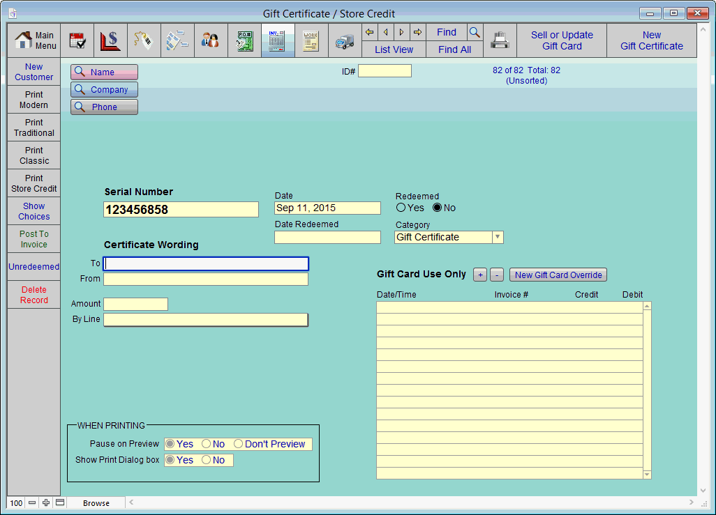 Gift Certificate Form View