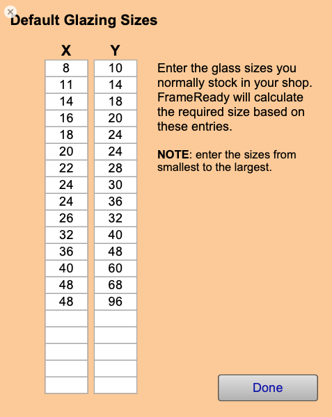 Set up Glass Sizes