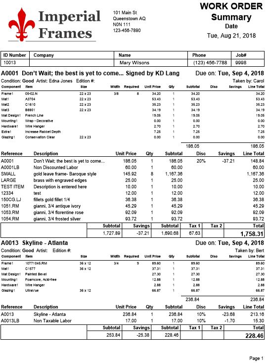 Work Order Detail Summary