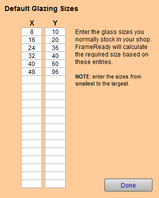 Set up Glass Sizes